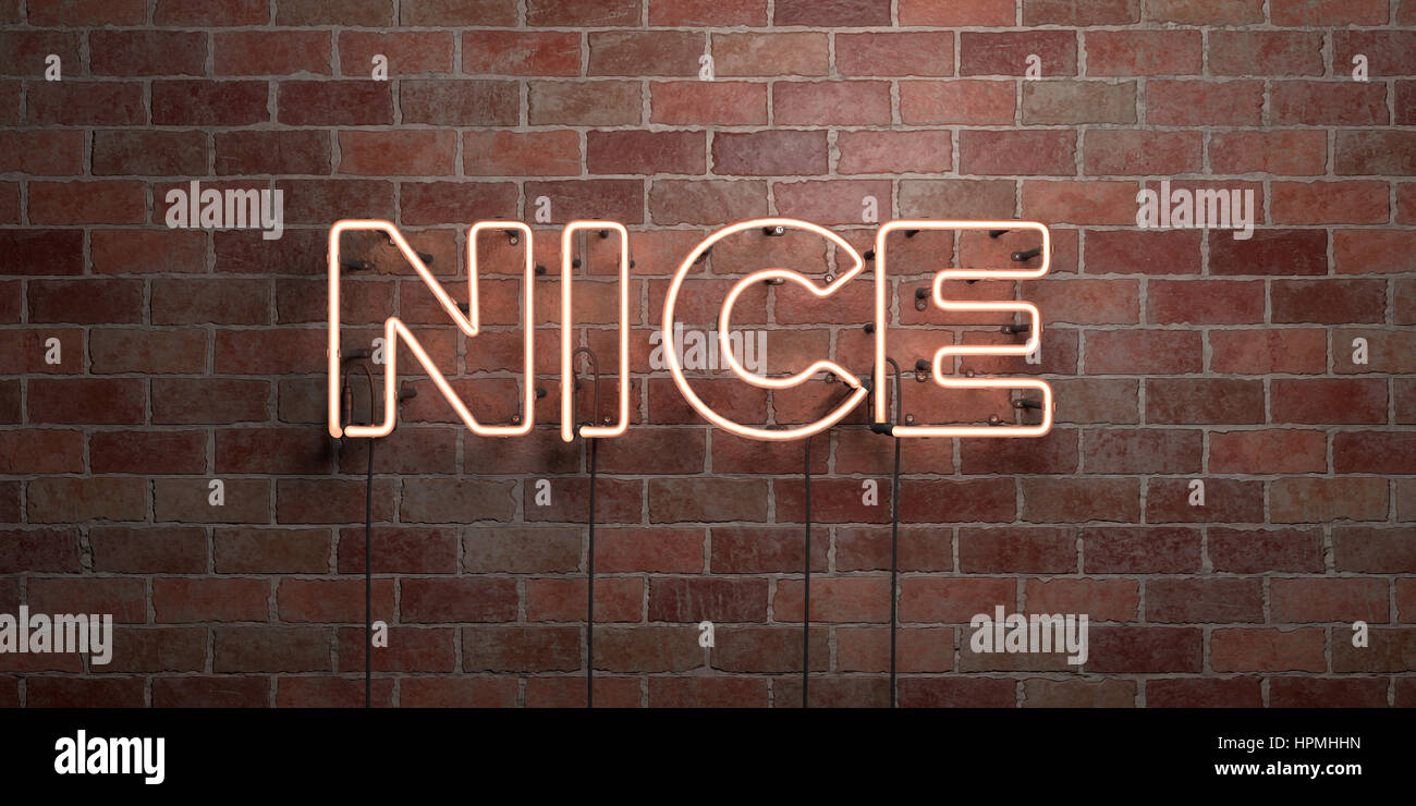 NICE - fluorescent Neon tube Sign on brickwork - Front view - 3D ...