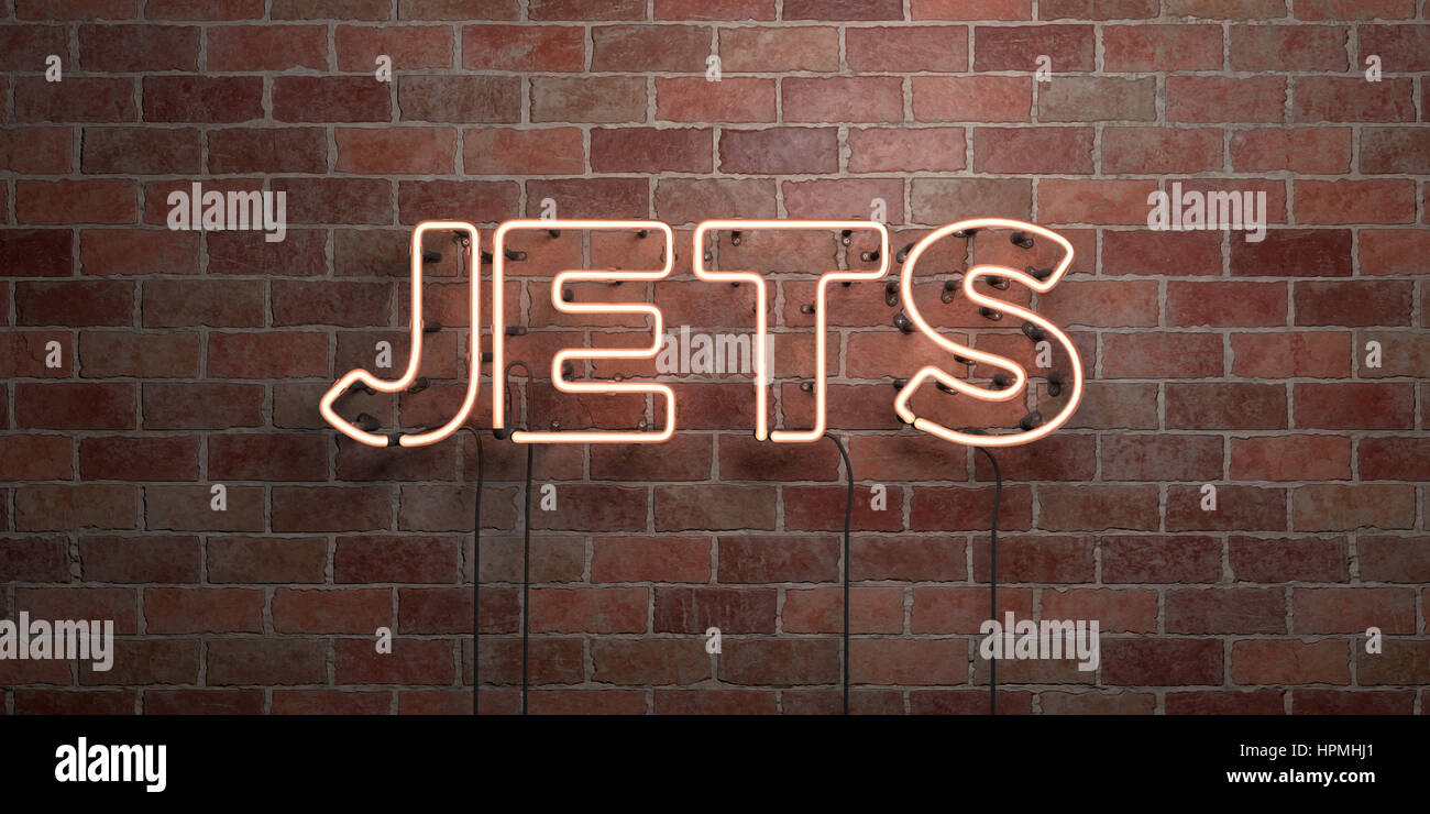 JETS - fluorescent Neon tube Sign on brickwork - Front view - 3D ...