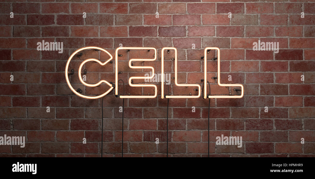 CELL - fluorescent Neon tube Sign on brickwork - Front view - 3D ...