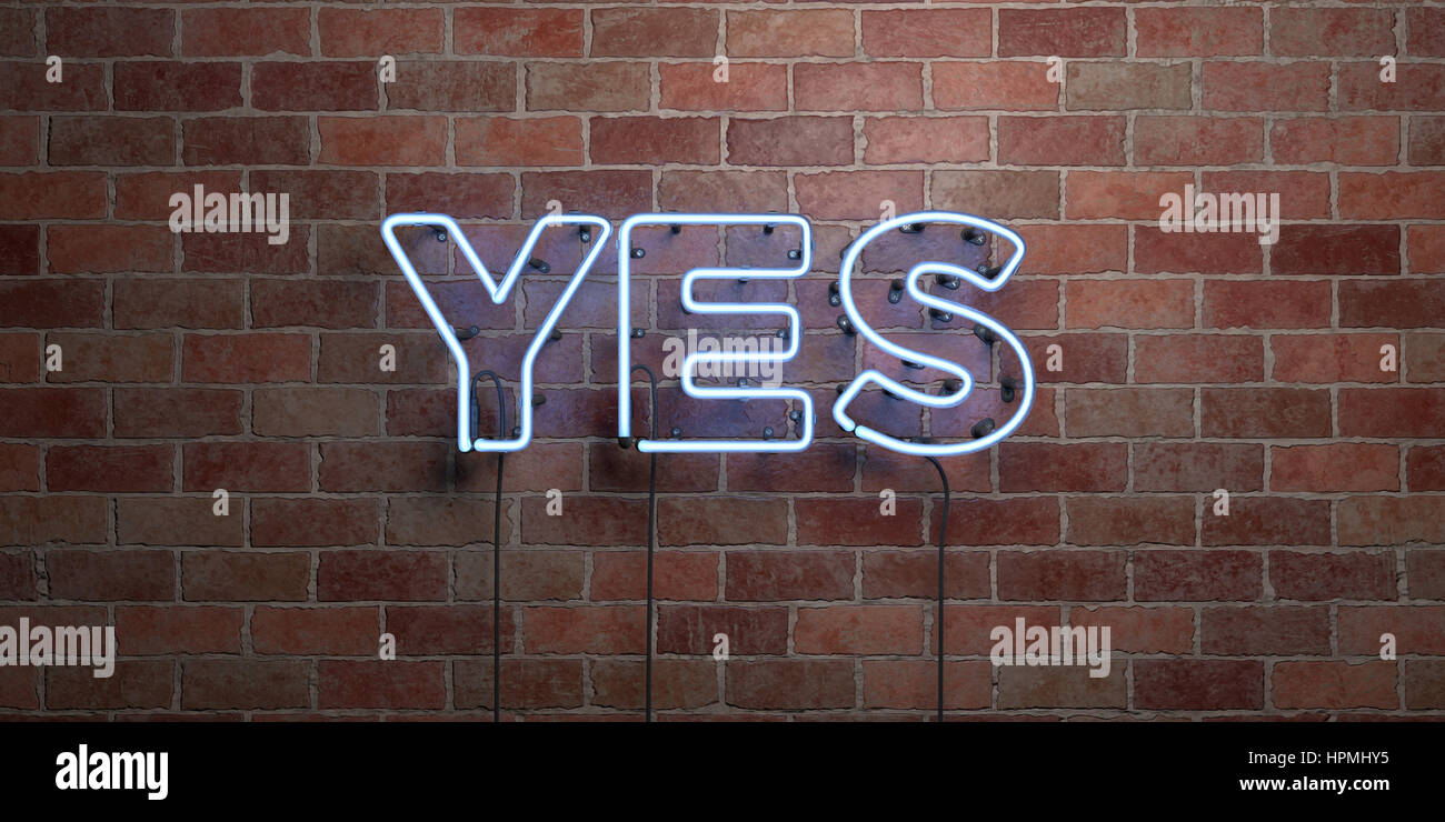YES - fluorescent Neon tube Sign on brickwork - Front view - 3D ...