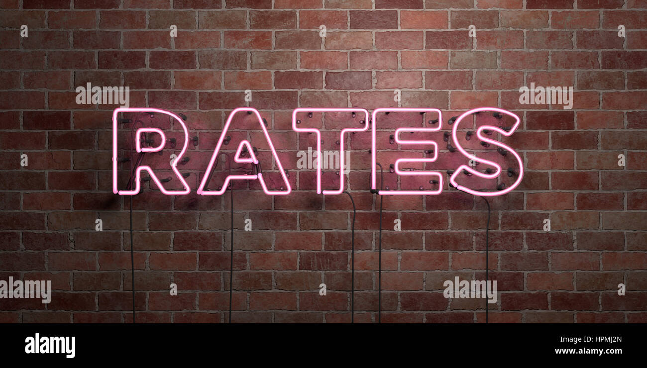 RATES - fluorescent Neon tube Sign on brickwork - Front view - 3D ...