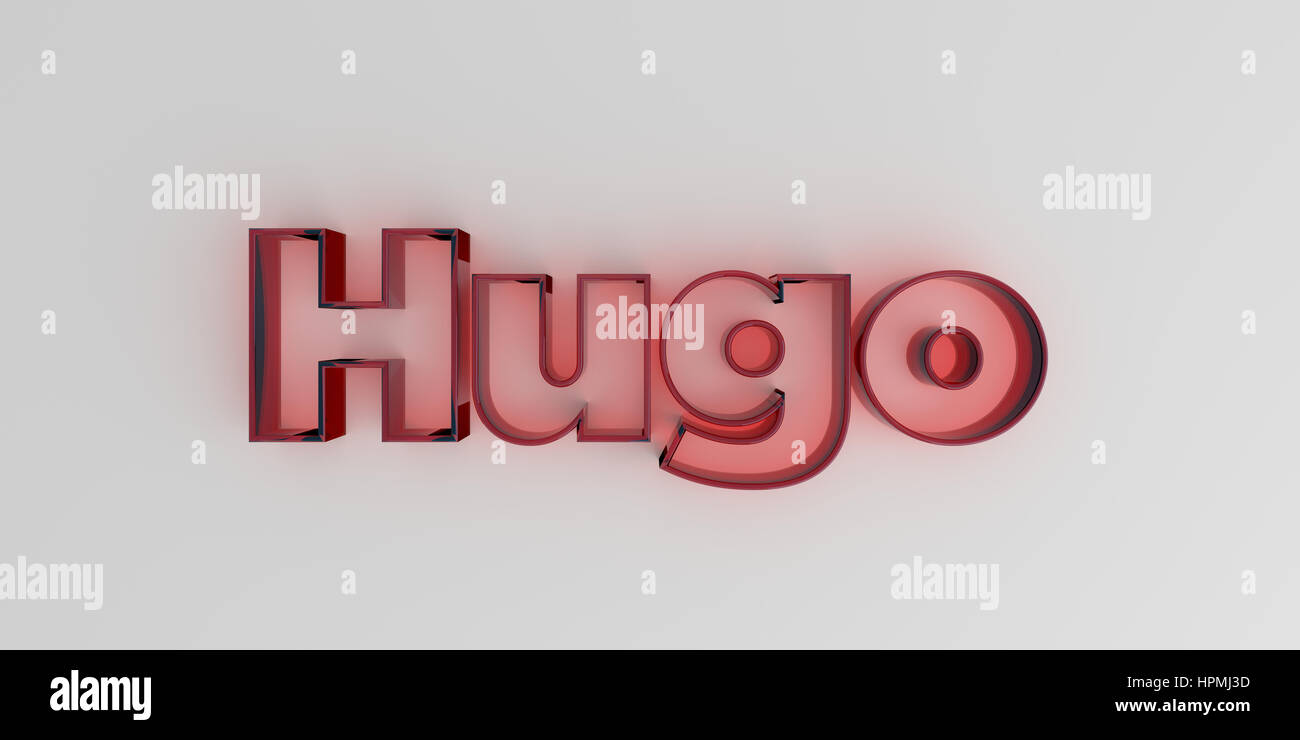 Hugo - Red glass text on white background - 3D rendered royalty free ...