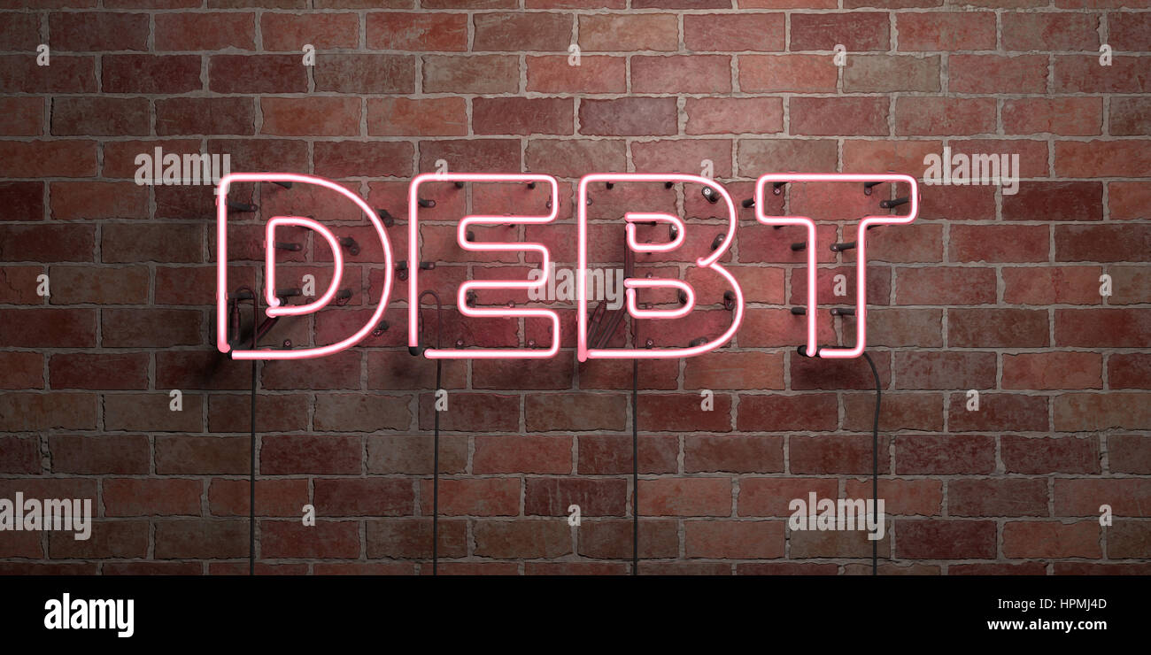 DEBT - fluorescent Neon tube Sign on brickwork - Front view - 3D ...