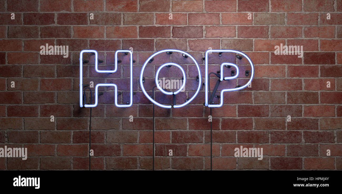 HOP - fluorescent Neon tube Sign on brickwork - Front view - 3D ...