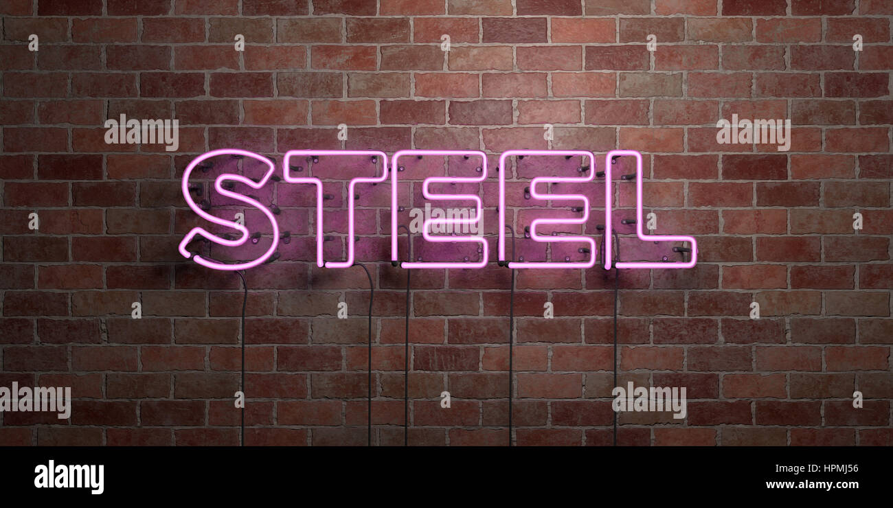 STEEL - fluorescent Neon tube Sign on brickwork - Front view - 3D ...