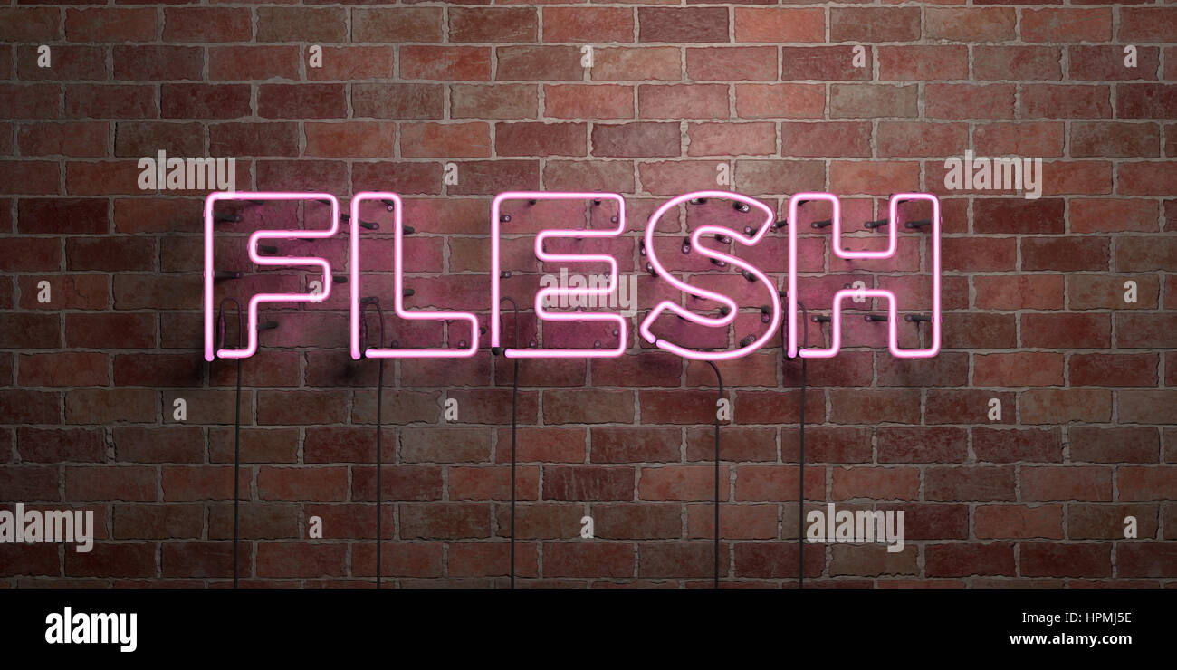FLESH - fluorescent Neon tube Sign on brickwork - Front view - 3D ...
