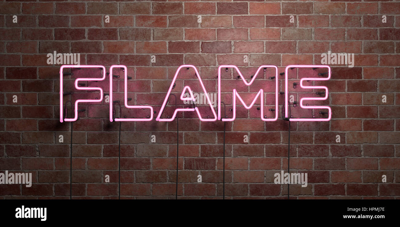 FLAME - fluorescent Neon tube Sign on brickwork - Front view - 3D ...