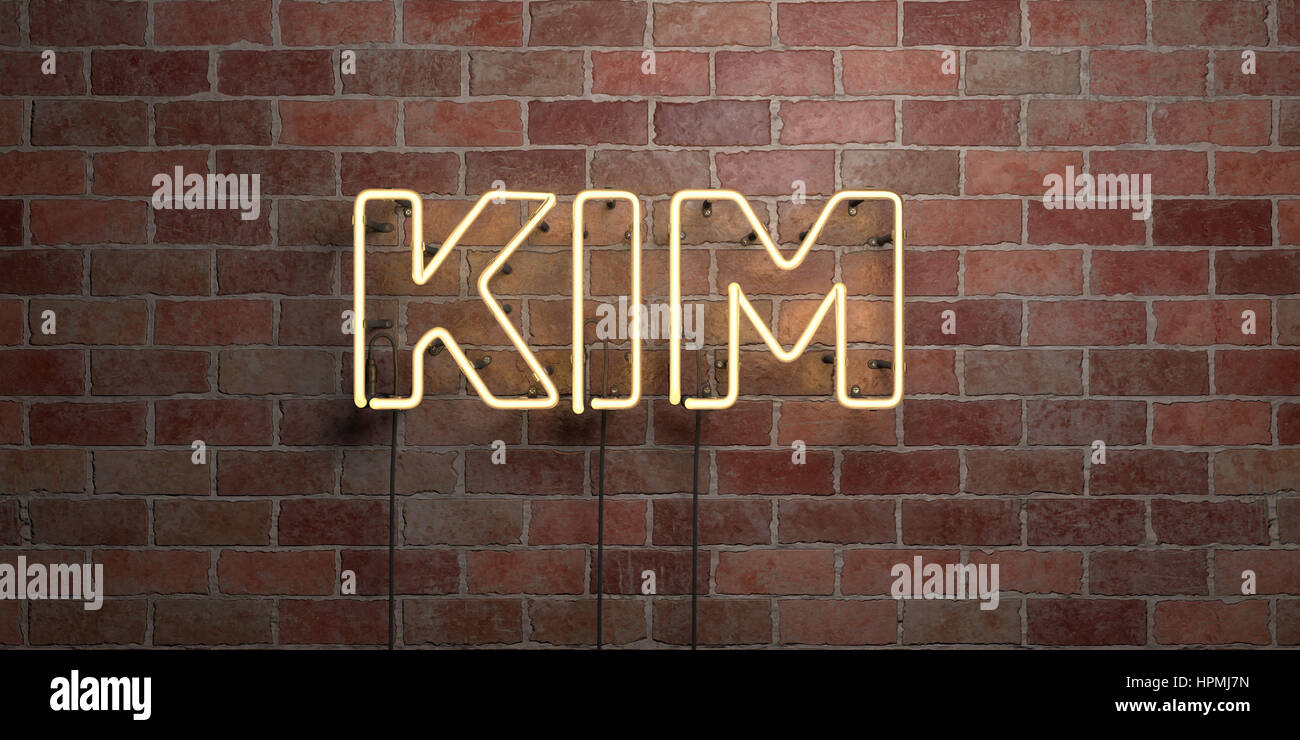 KIM - fluorescent Neon tube Sign on brickwork - Front view - 3D ...