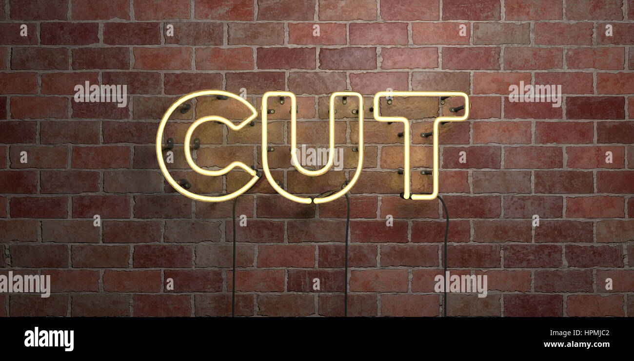 CUT - fluorescent Neon tube Sign on brickwork - Front view - 3D ...