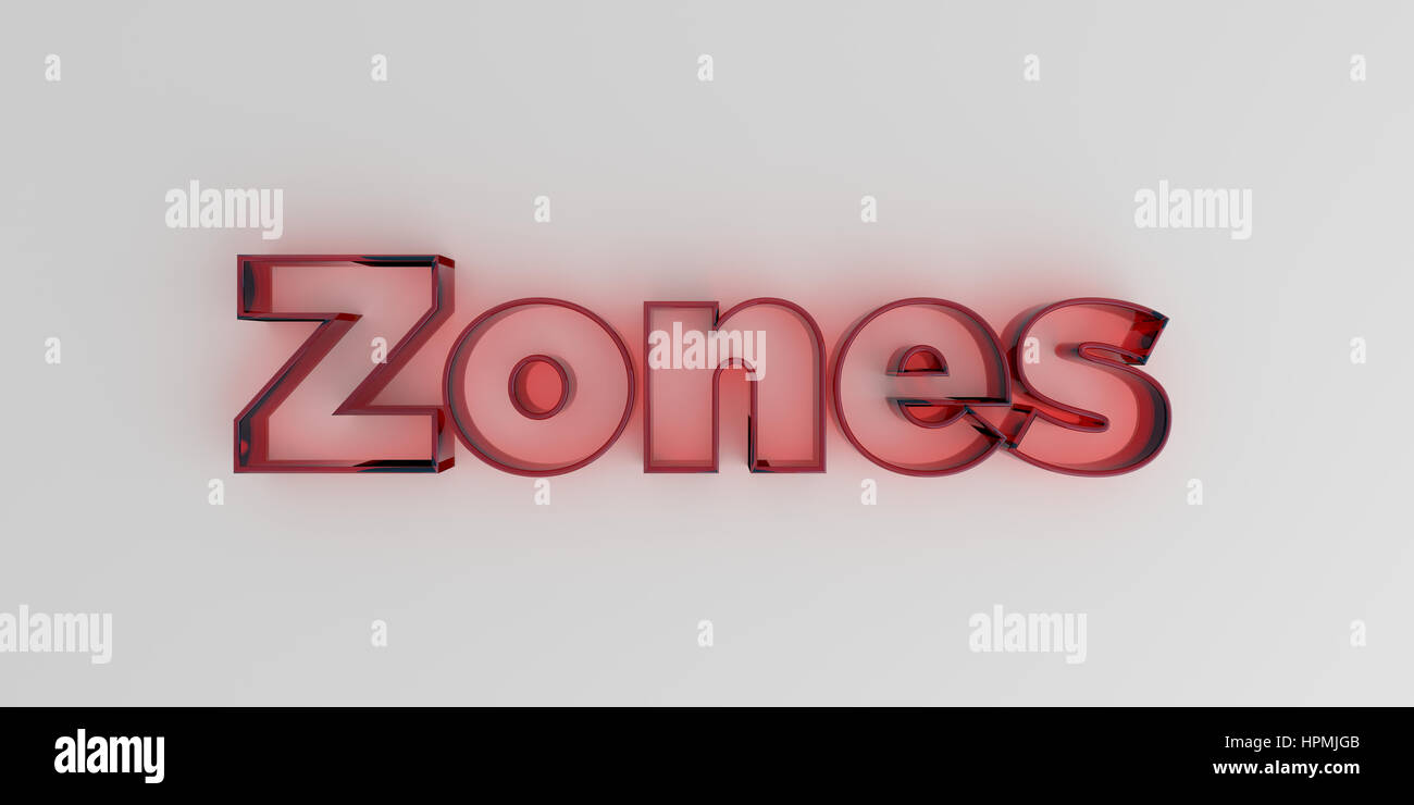 Zones - Red glass text on white background - 3D rendered royalty free ...