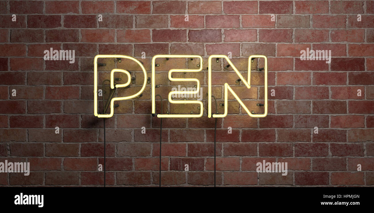 PEN - fluorescent Neon tube Sign on brickwork - Front view - 3D ...