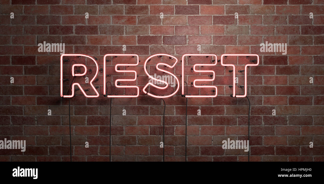 RESET - fluorescent Neon tube Sign on brickwork - Front view - 3D ...