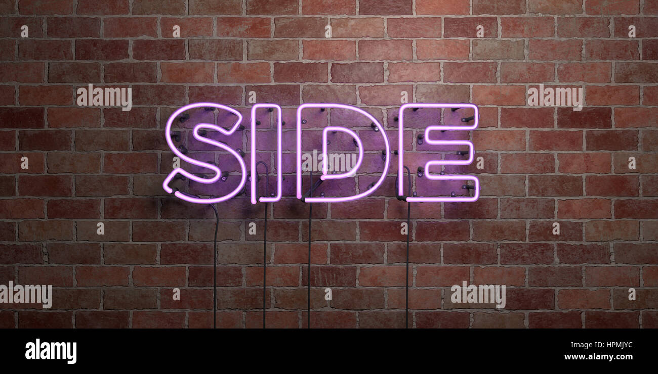 SIDE - fluorescent Neon tube Sign on brickwork - Front view - 3D ...