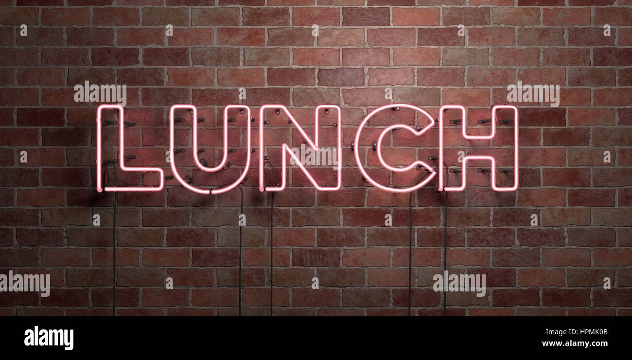 LUNCH - fluorescent Neon tube Sign on brickwork - Front view - 3D ...