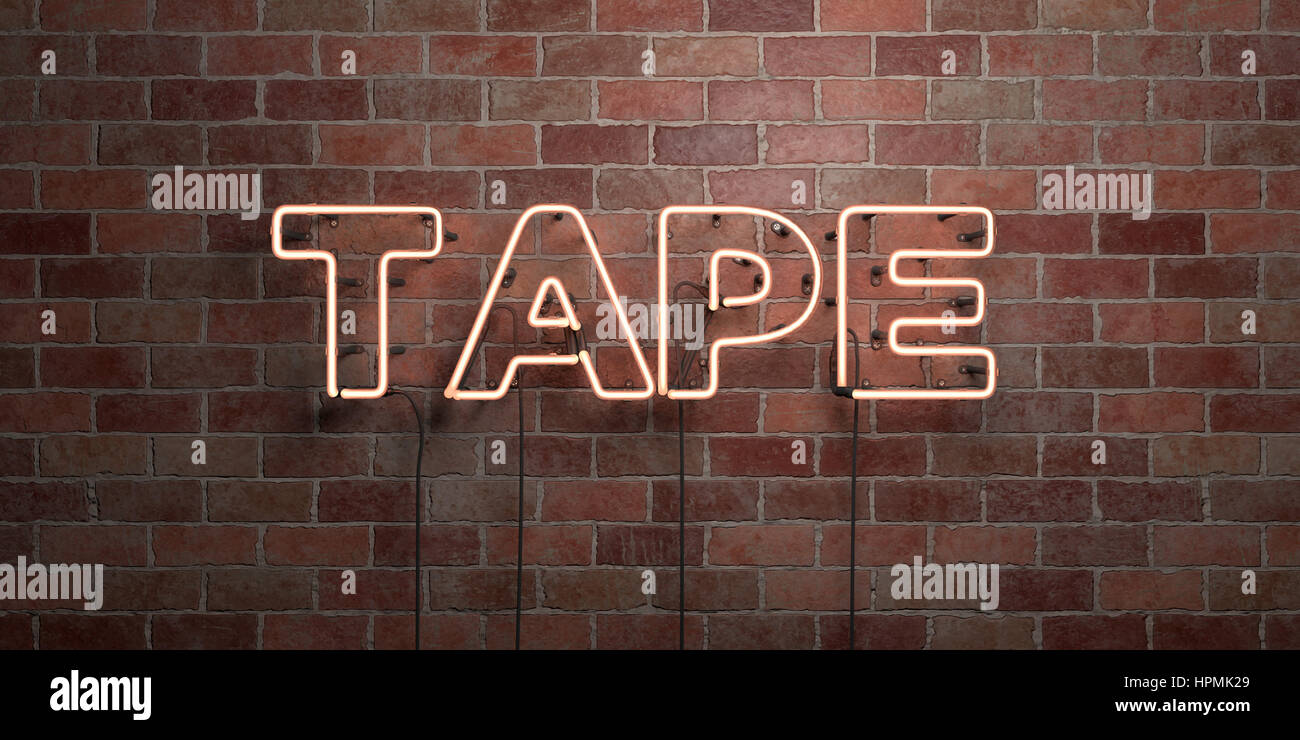 TAPE - fluorescent Neon tube Sign on brickwork - Front view - 3D ...