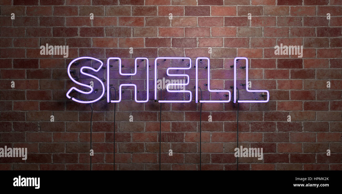 SHELL - fluorescent Neon tube Sign on brickwork - Front view - 3D ...