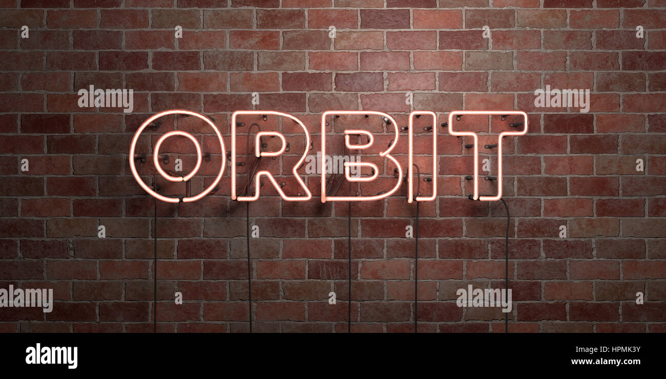 ORBIT - fluorescent Neon tube Sign on brickwork - Front view - 3D ...