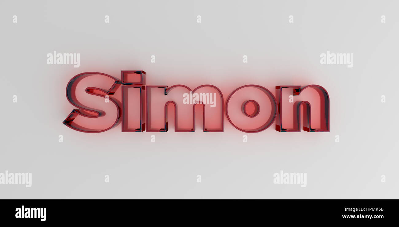 Simon - Red glass text on white background - 3D rendered royalty free ...