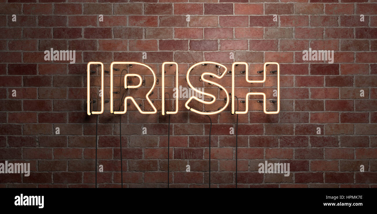 IRISH - fluorescent Neon tube Sign on brickwork - Front view - 3D ...