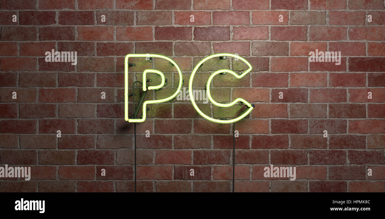 PC - fluorescent Neon tube Sign on brickwork - Front view - 3D rendered ...