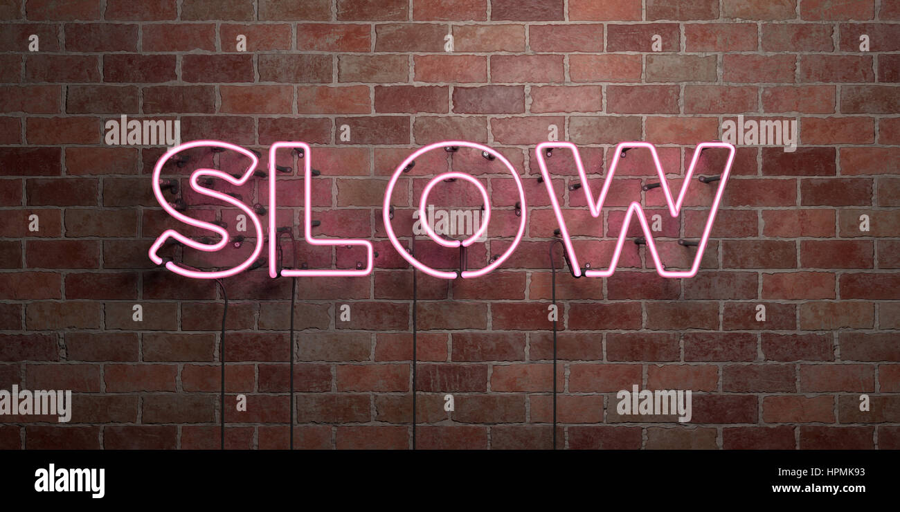 SLOW - fluorescent Neon tube Sign on brickwork - Front view - 3D ...