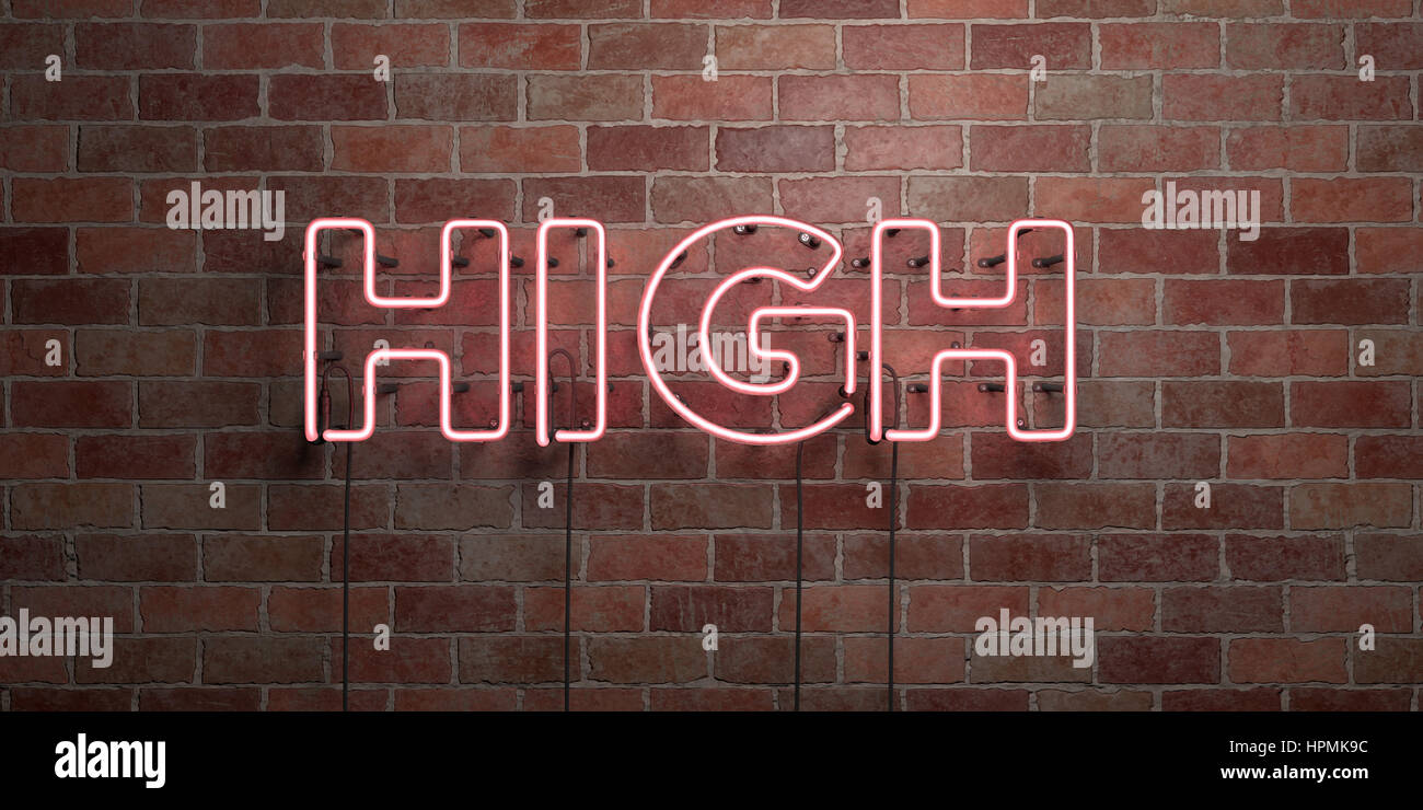 HIGH - fluorescent Neon tube Sign on brickwork - Front view - 3D rendered royalty free stock ...