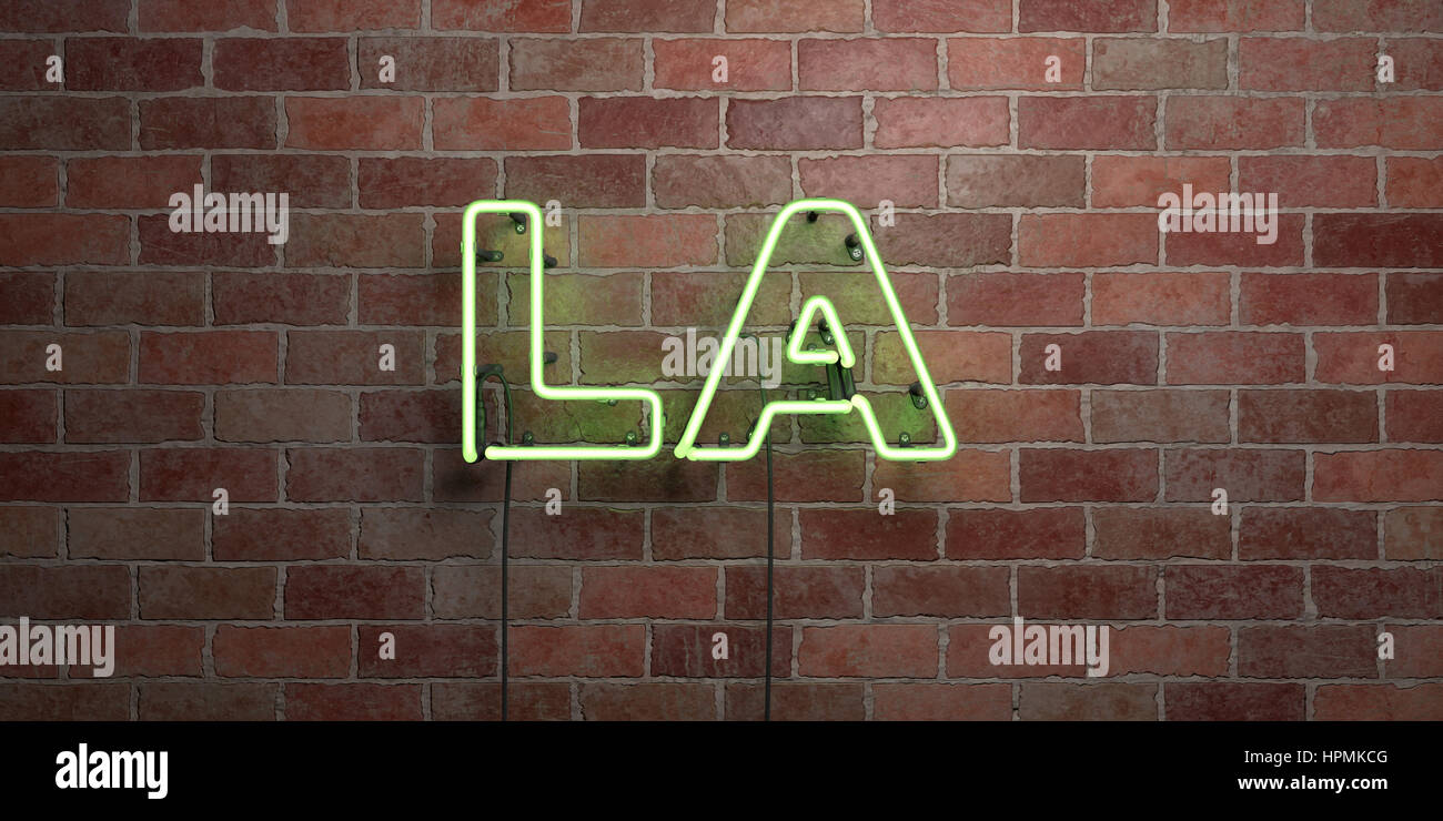 LA - fluorescent Neon tube Sign on brickwork - Front view - 3D rendered ...