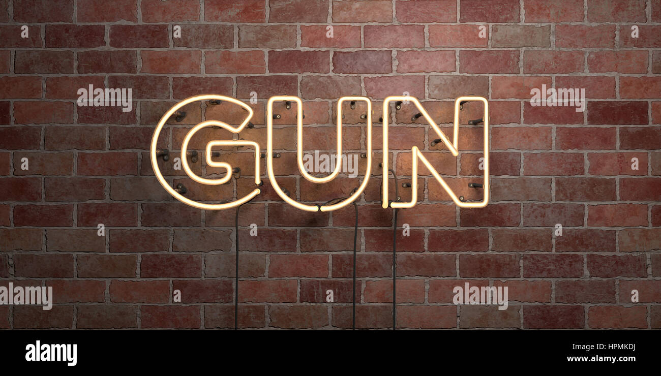 GUN - fluorescent Neon tube Sign on brickwork - Front view - 3D ...