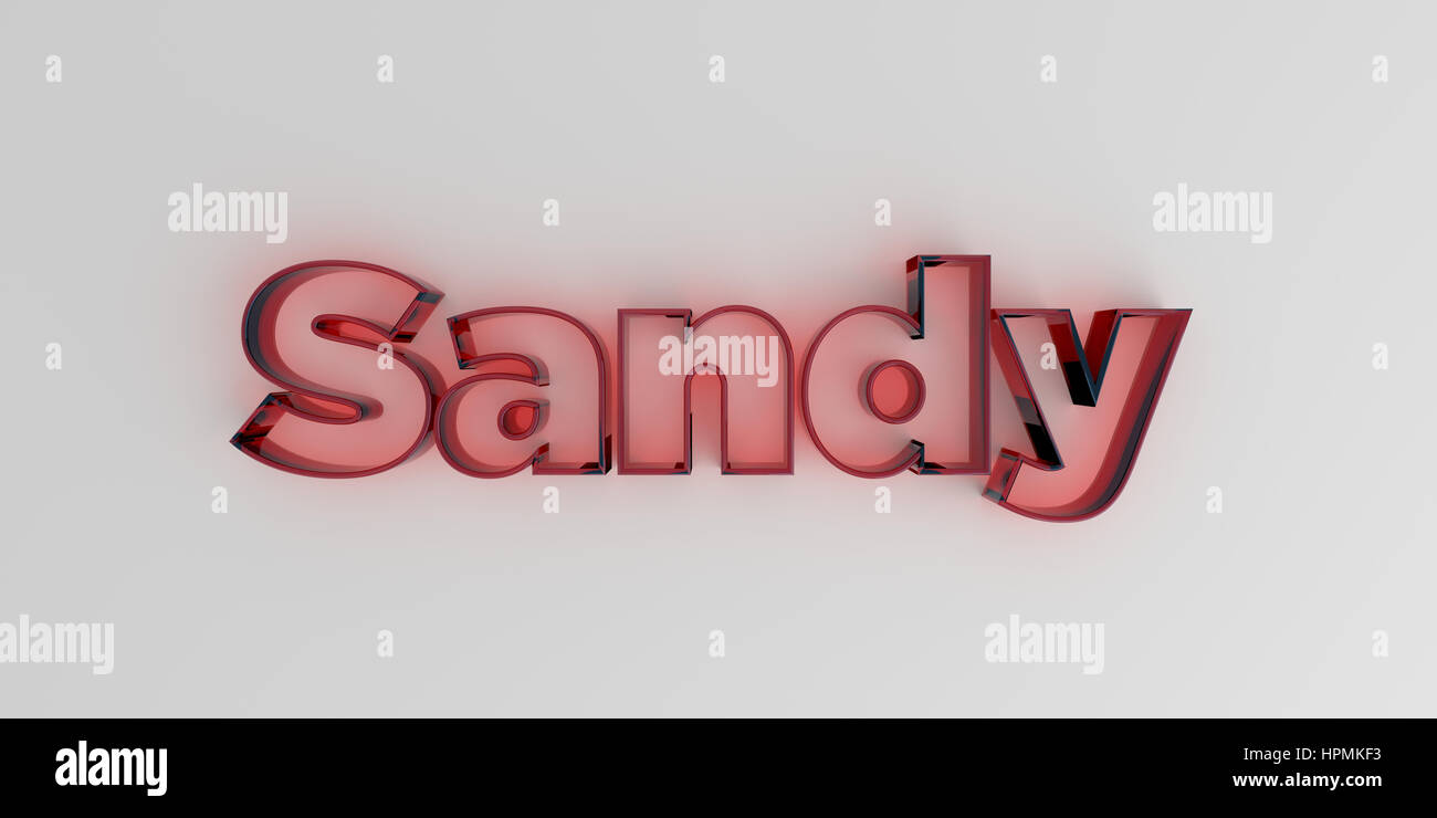 Sandy - Red glass text on white background - 3D rendered royalty free ...