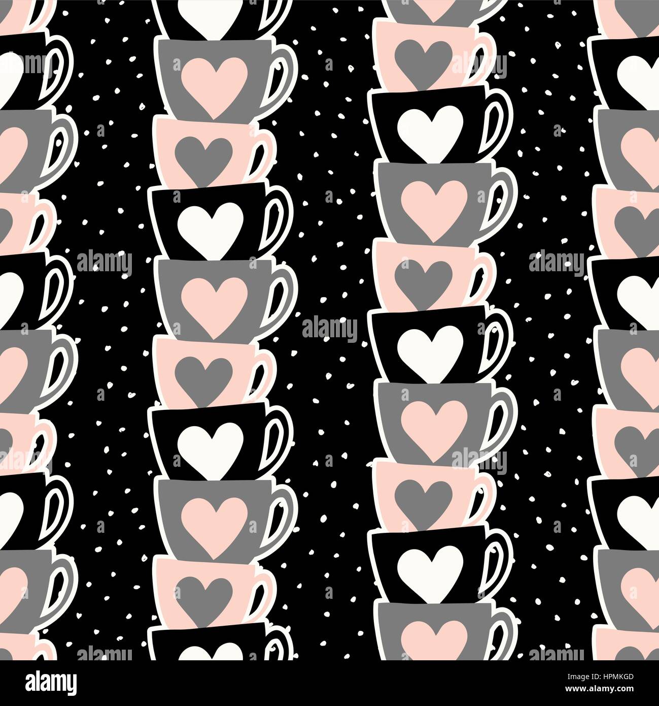 Seamless repeating pattern with stacked cute cups in gray, black and ...