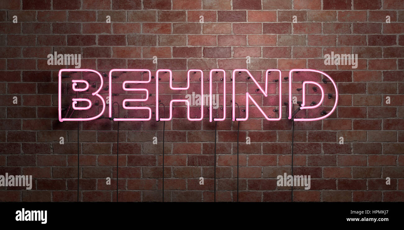 BEHIND - fluorescent Neon tube Sign on brickwork - Front view - 3D ...