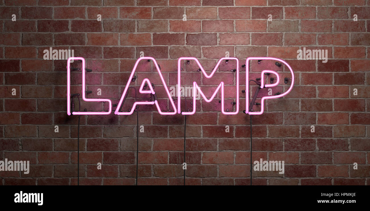 LAMP - fluorescent Neon tube Sign on brickwork - Front view - 3D ...