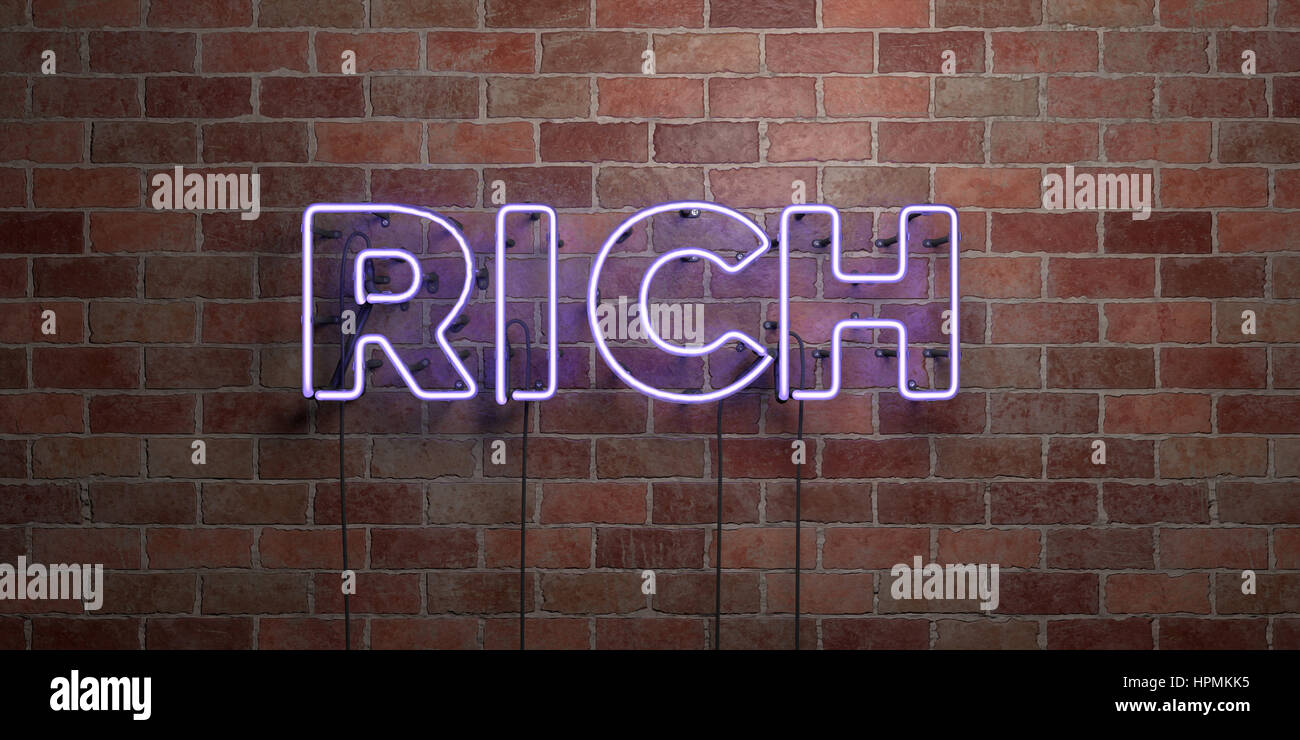 RICH - fluorescent Neon tube Sign on brickwork - Front view - 3D ...