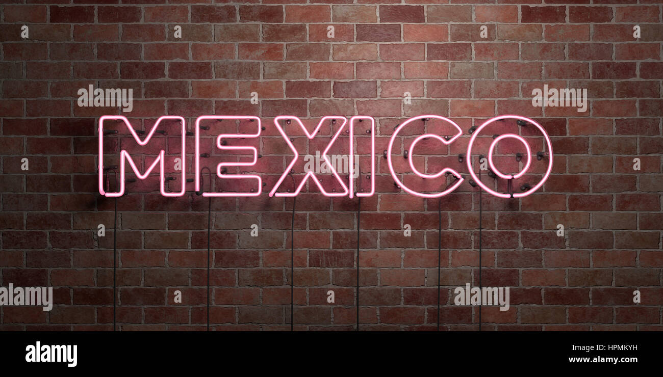 MEXICO - fluorescent Neon tube Sign on brickwork - Front view - 3D ...