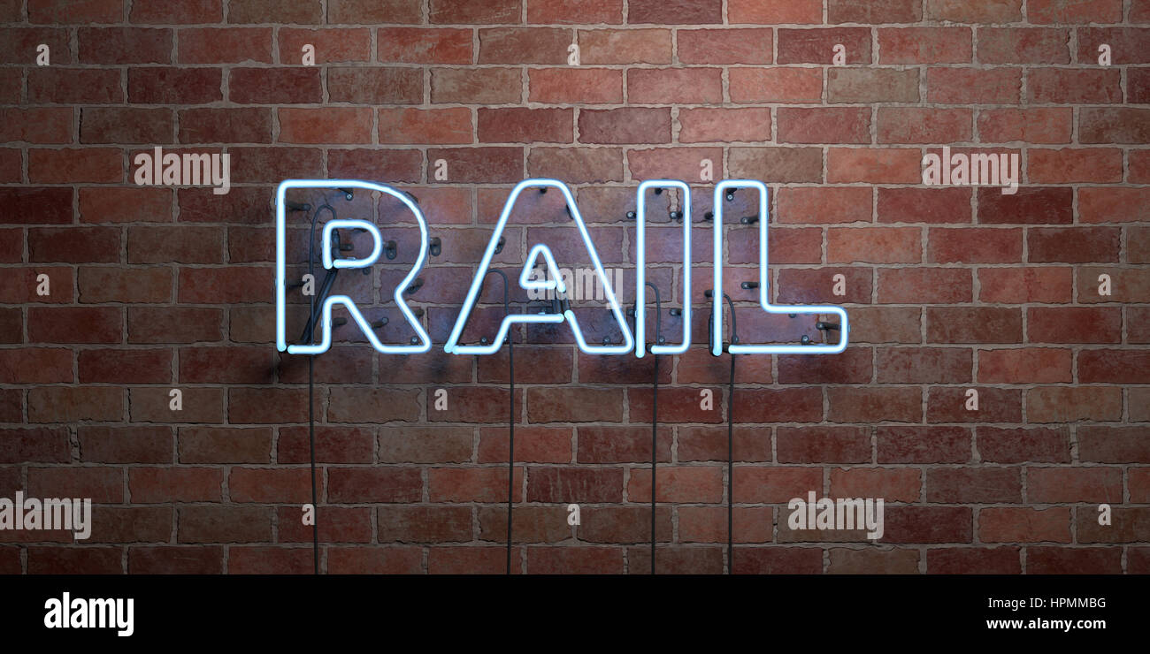 RAIL - fluorescent Neon tube Sign on brickwork - Front view - 3D ...