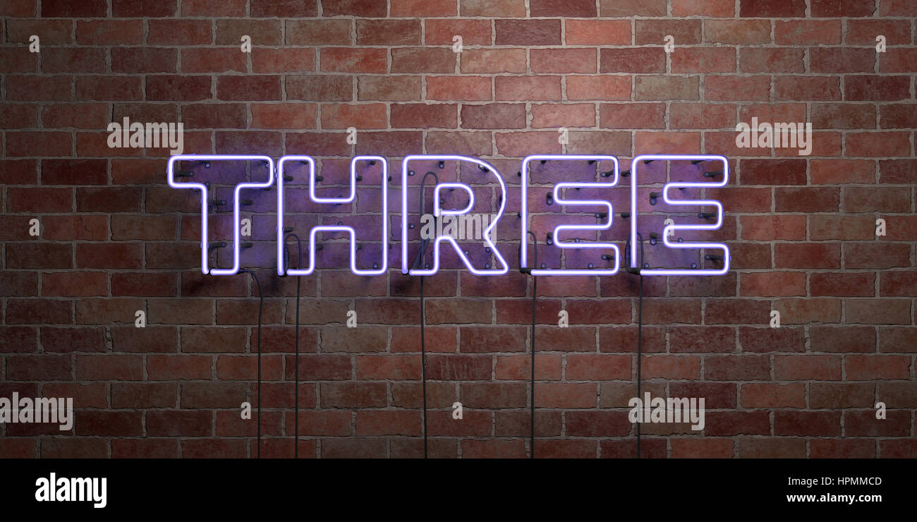 THREE - fluorescent Neon tube Sign on brickwork - Front view - 3D ...