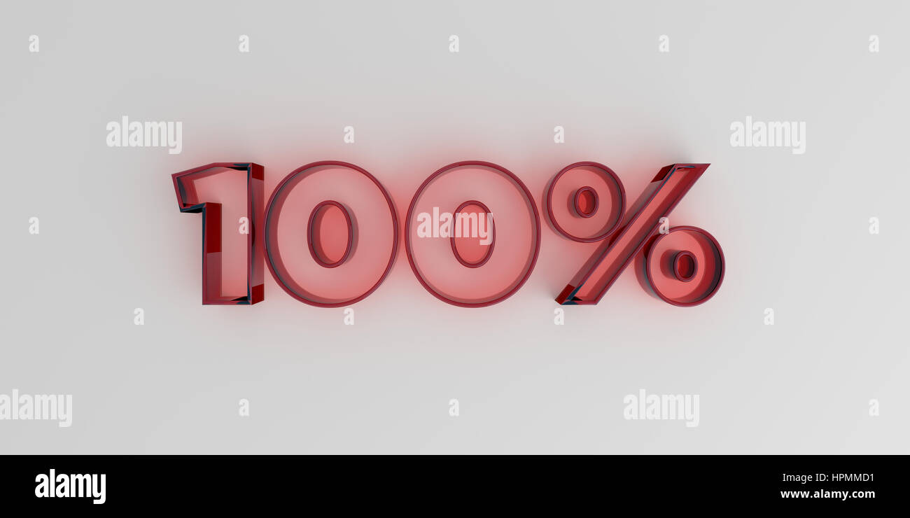 100% - Red glass text on white background - 3D rendered royalty free ...