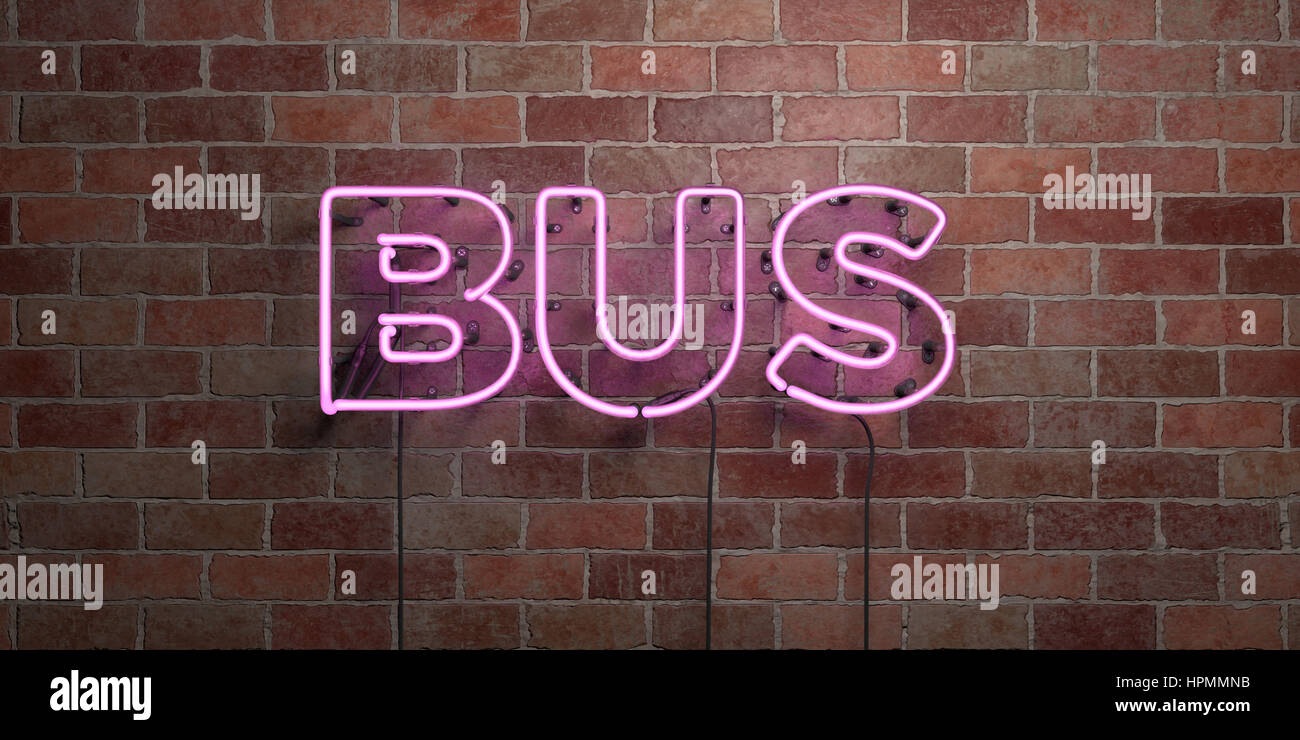 BUS - fluorescent Neon tube Sign on brickwork - Front view - 3D ...
