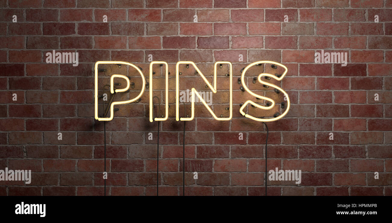 PINS - fluorescent Neon tube Sign on brickwork - Front view - 3D ...