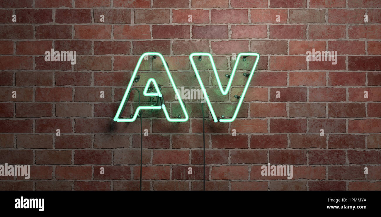 AV - fluorescent Neon tube Sign on brickwork - Front view - 3D rendered ...