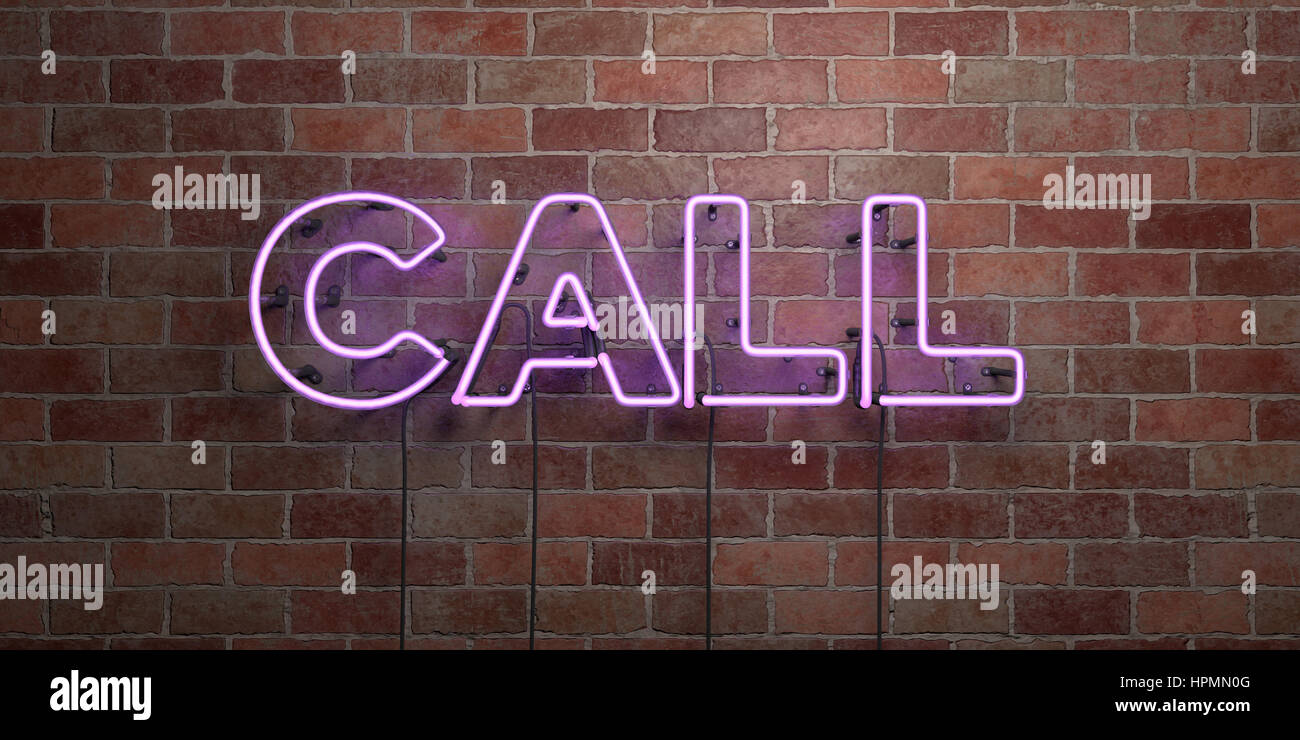 CALL - fluorescent Neon tube Sign on brickwork - Front view - 3D ...