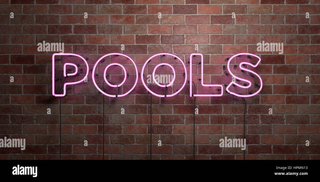 POOLS - fluorescent Neon tube Sign on brickwork - Front view - 3D ...
