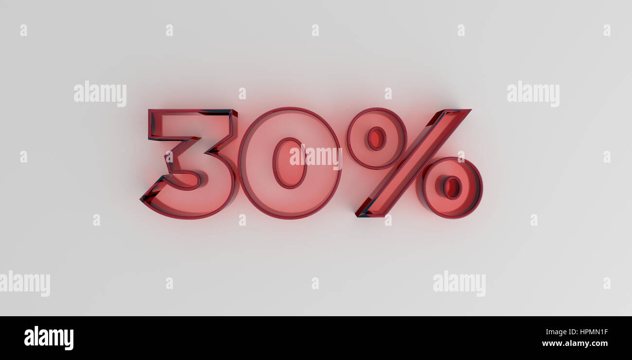 30% - Red glass text on white background - 3D rendered royalty free ...