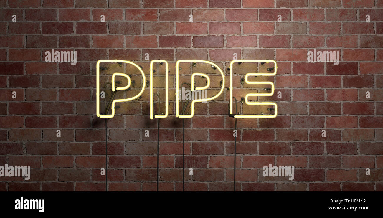 PIPE - fluorescent Neon tube Sign on brickwork - Front view - 3D ...