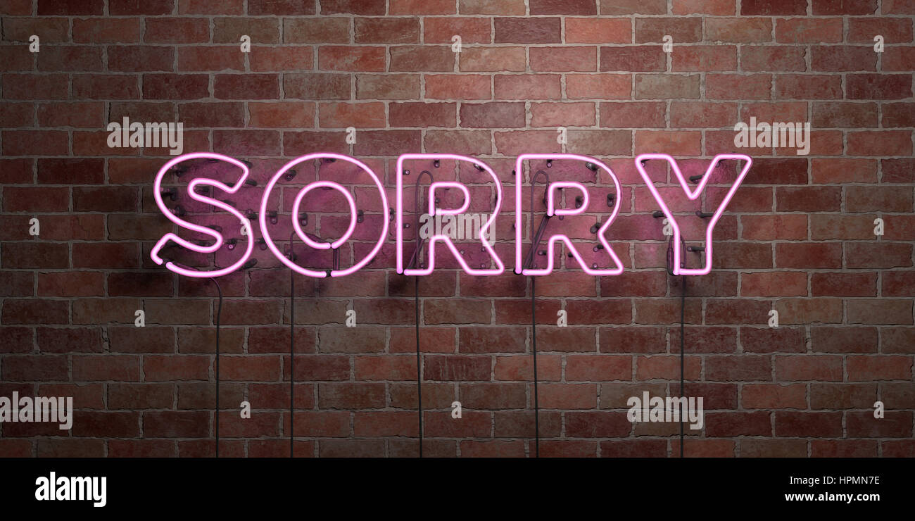 SORRY - fluorescent Neon tube Sign on brickwork - Front view - 3D ...