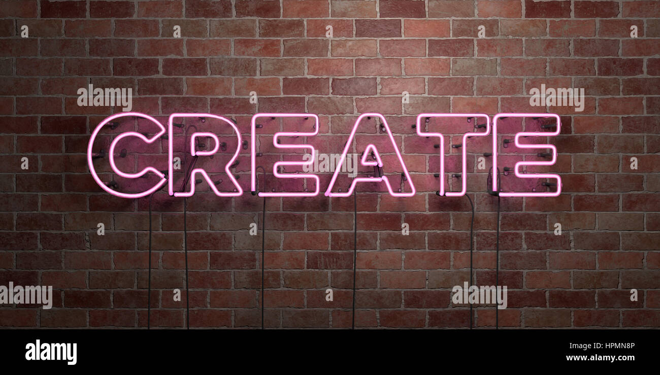 CREATE - fluorescent Neon tube Sign on brickwork - Front view - 3D ...