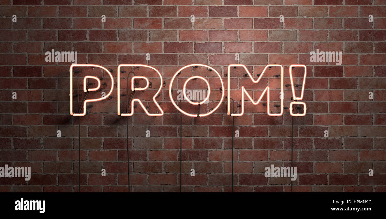 PROM! - fluorescent Neon tube Sign on brickwork - Front view - 3D ...