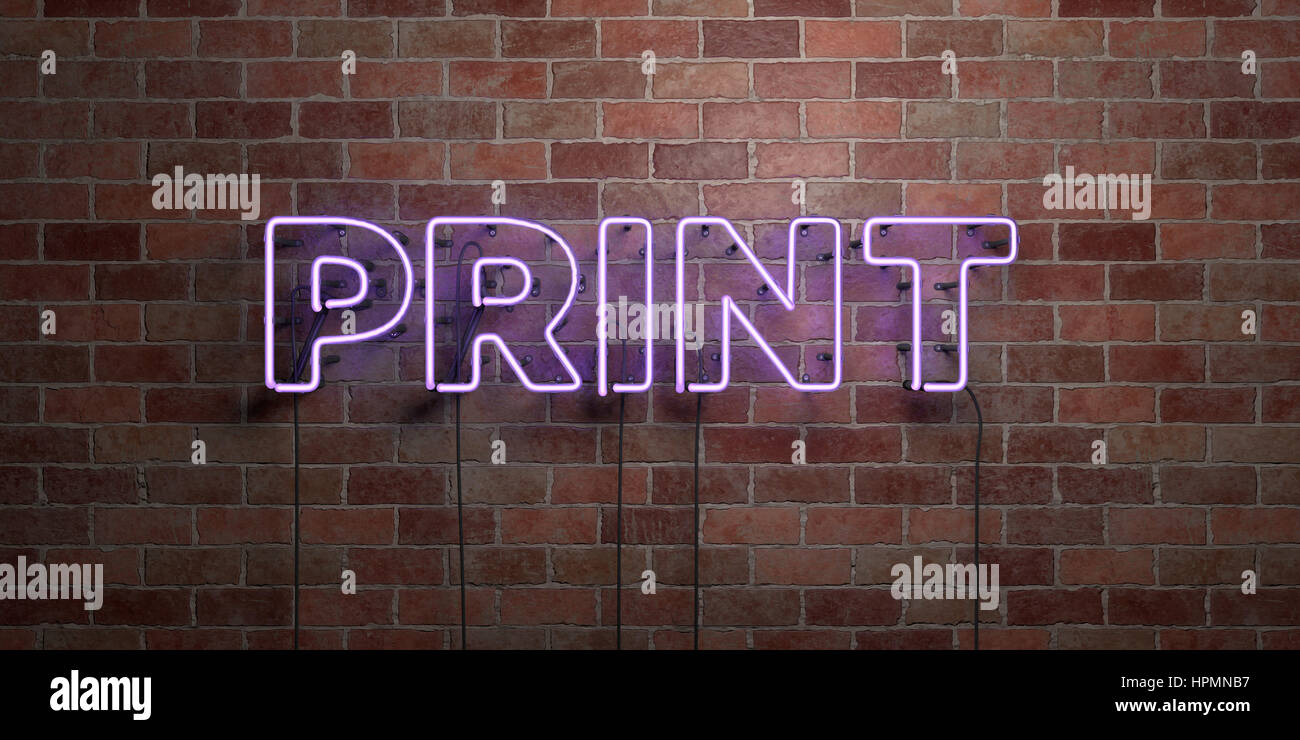 PRINT - fluorescent Neon tube Sign on brickwork - Front view - 3D ...