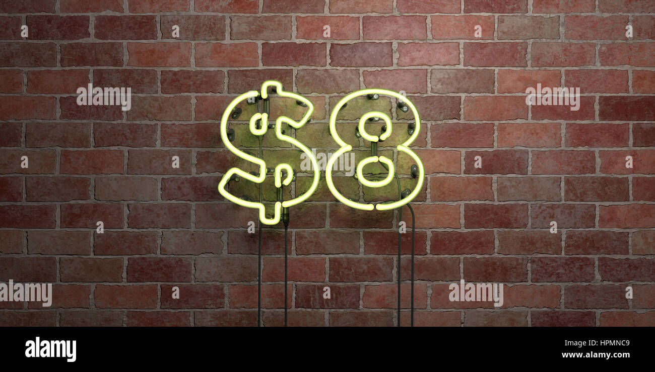 $8 - fluorescent Neon tube Sign on brickwork - Front view - 3D rendered ...