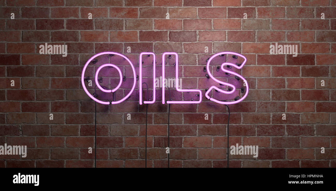 OILS - fluorescent Neon tube Sign on brickwork - Front view - 3D ...